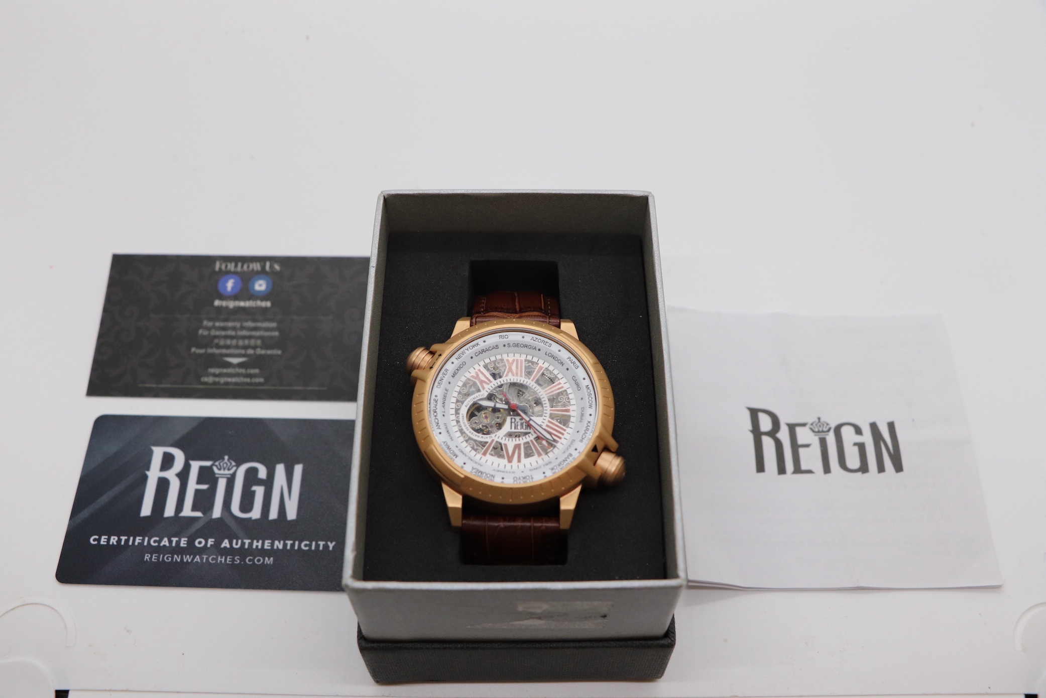 Reign Thanos Automatic Rose Gold Leather Watch – 47mm, Skeleton Dial ...